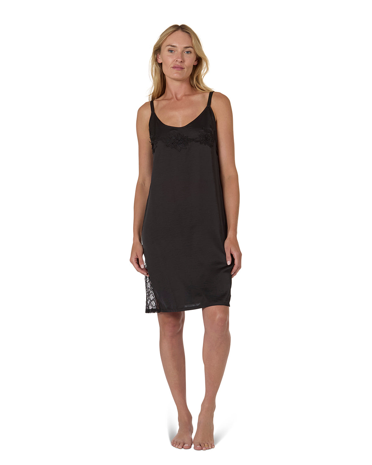 Women's Silky-Soft 30" Knee-Length Slip Dress with Floral Lace Trim – MeMoi